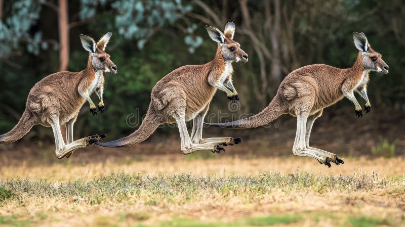 Three Red Kangaroos Hop in a Row through a Grassy Field Stock Photo ...