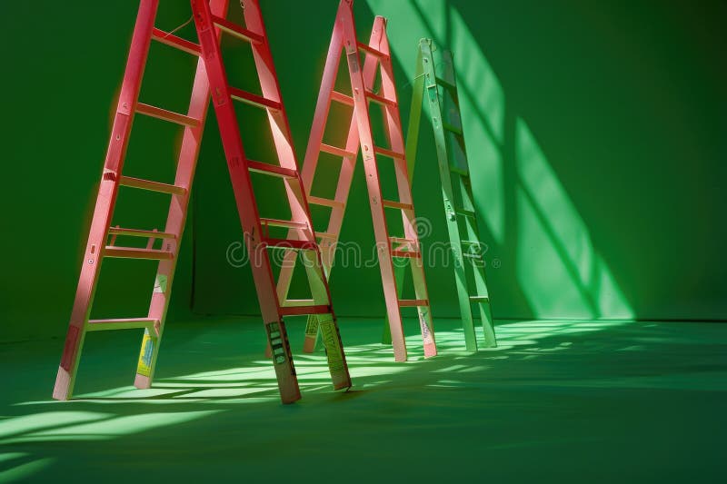 Three Red Ladders Leaning Against a Green Wall, Suitable for ...
