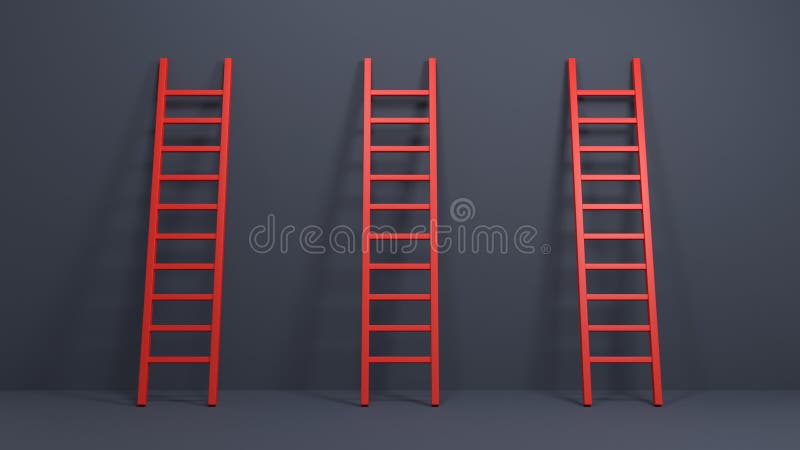 Three Red Ladders Near the Dark Wall. Concept for Teamwork or ...