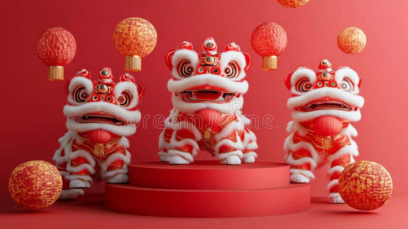 Three Red Lion Dance Costumes Pose on a Red Stage Stock Illustration ...