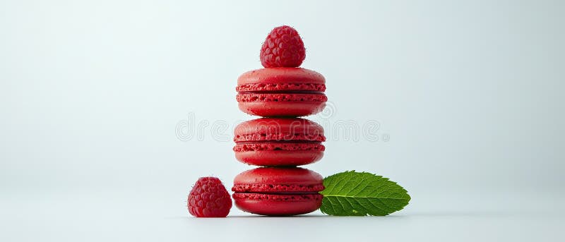 Macarons Stacked with a Raspberry on Top and a Green Leaf Stock ...