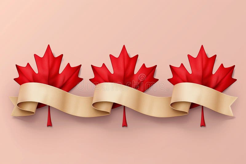 Three Red Maple Leaves with a Beige Ribbon on a Pink Background Stock ...