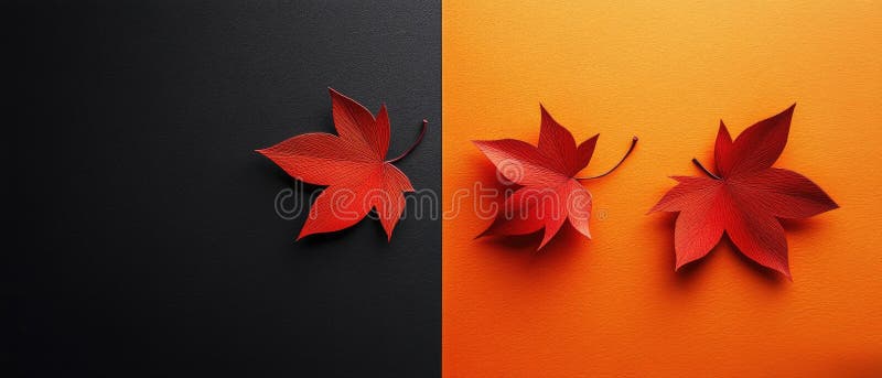 THREE RED MAPLE LEAVES on BLACK and ORANGE BACKGROUND Stock ...