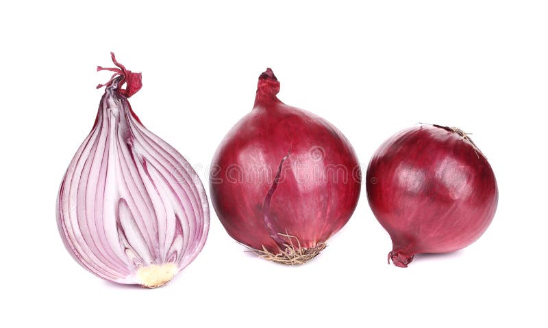 Three red onions in a row. stock image. Image of piece - 41261395