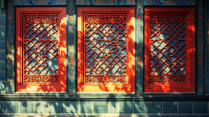 Three Red Ornate Windows Adorn a Building Exterior Stock Illustration ...