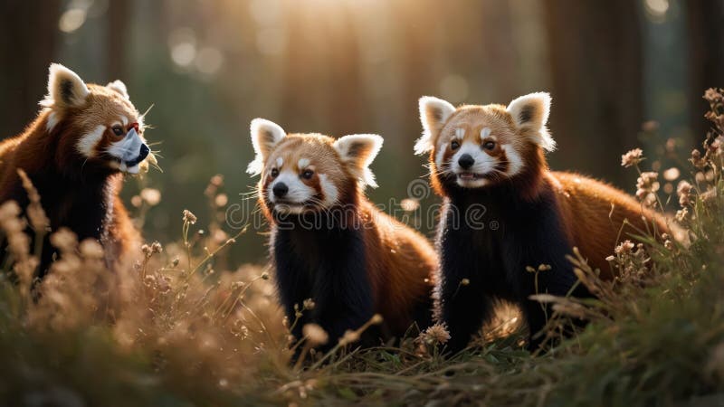 Golden Hour Red Pandas in the Forest Stock Illustration - Illustration ...