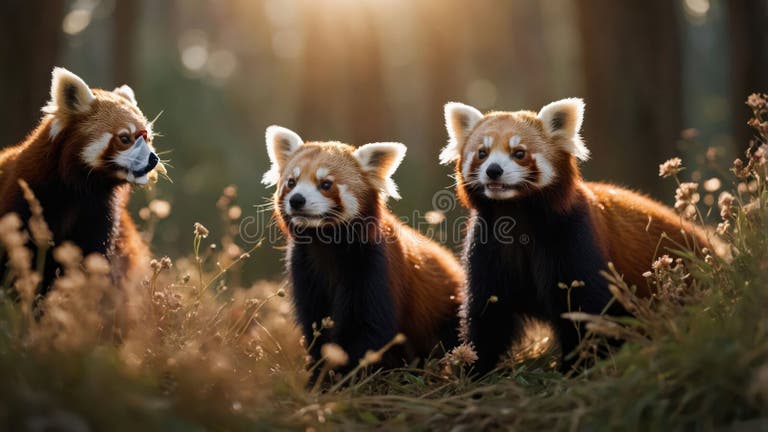 Golden Hour Red Pandas in the Forest Stock Illustration - Illustration ...