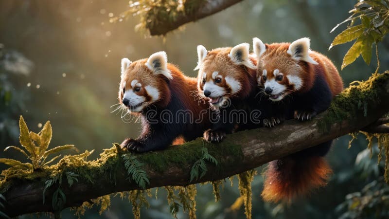 Three Adorable Red Pandas on a Mossy Branch in Sunlight Stock ...
