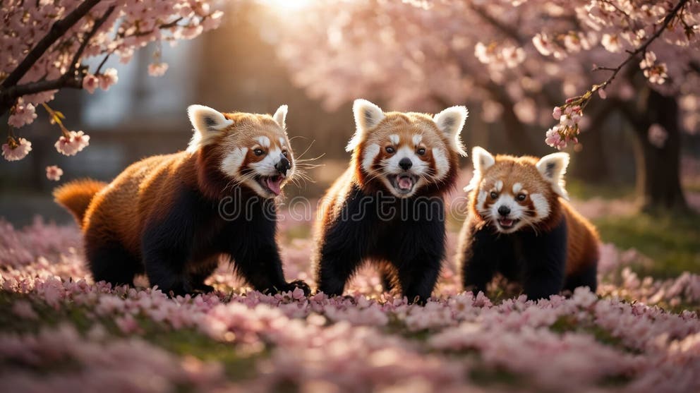 Adorable Trio of Red Pandas Amidst Cherry Blossoms Stock Illustration ...