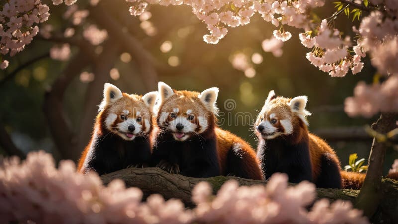 Adorable Trio of Red Pandas in Cherry Blossom Stock Illustration ...