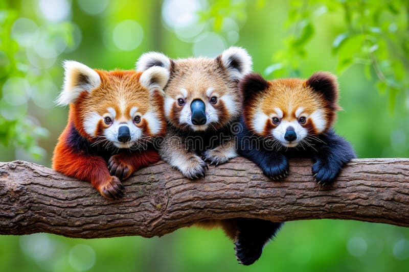 Three Red Pandas are Sitting on a Tree Branch Together Stock Image ...