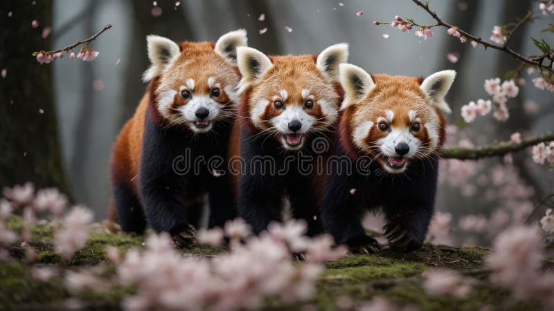 Adorable Trio of Red Pandas Amidst Cherry Blossoms Stock Illustration ...