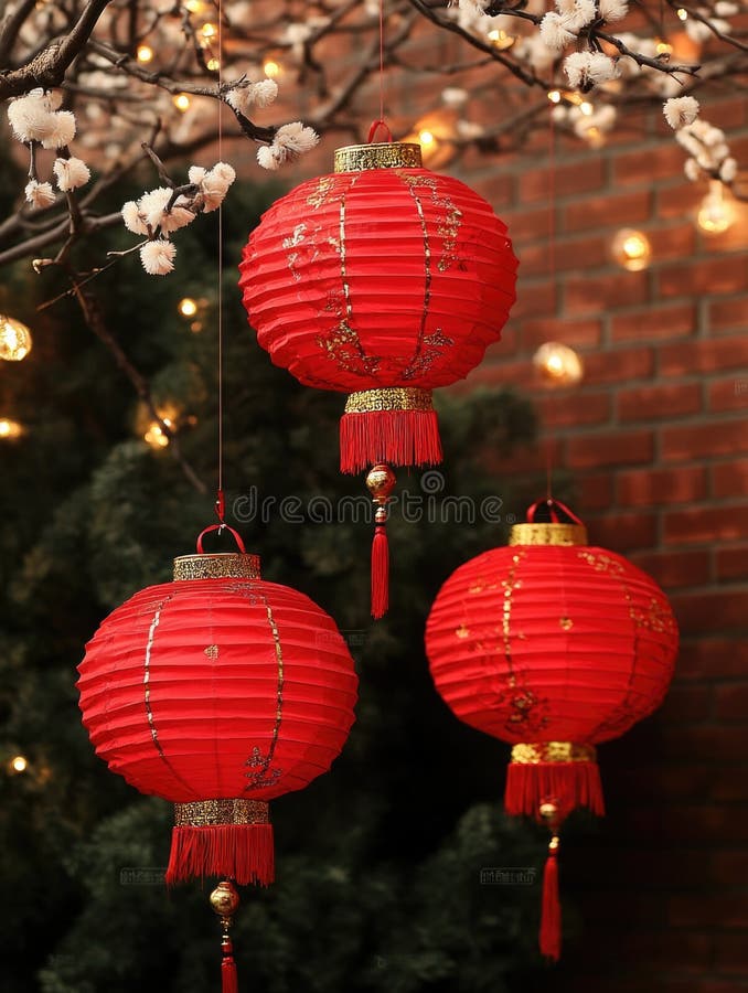 Red paper lanterns on tree stock photo. Image of celebration - 375932812