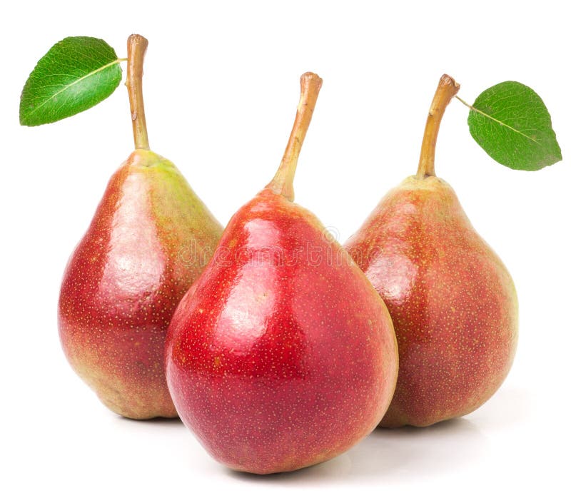 Three Red Pears with Leaves on White Background Stock Photo - Image of ...