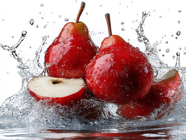 Three Red Pears Splashing in Water with a Slice of Apple Stock Image ...