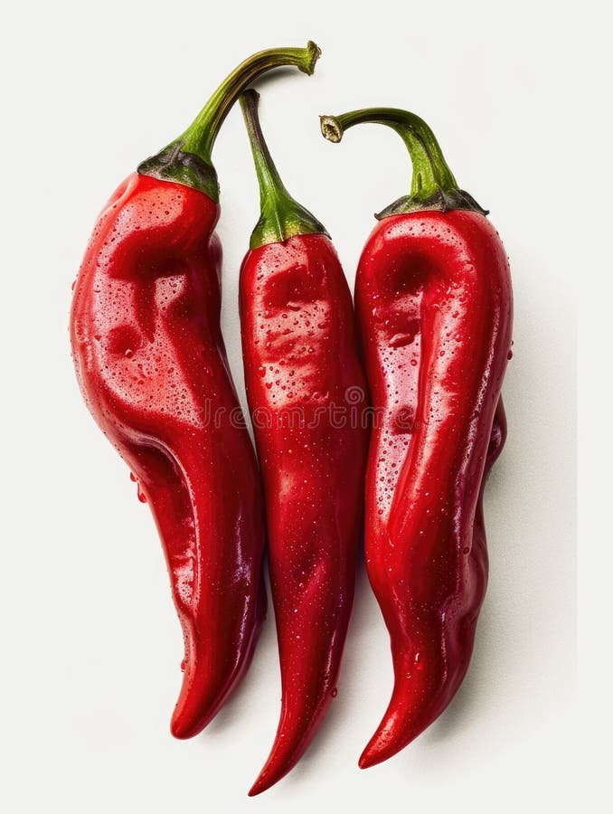 Three Red Peppers are Shown with Their Stems Still Attached Stock Photo ...