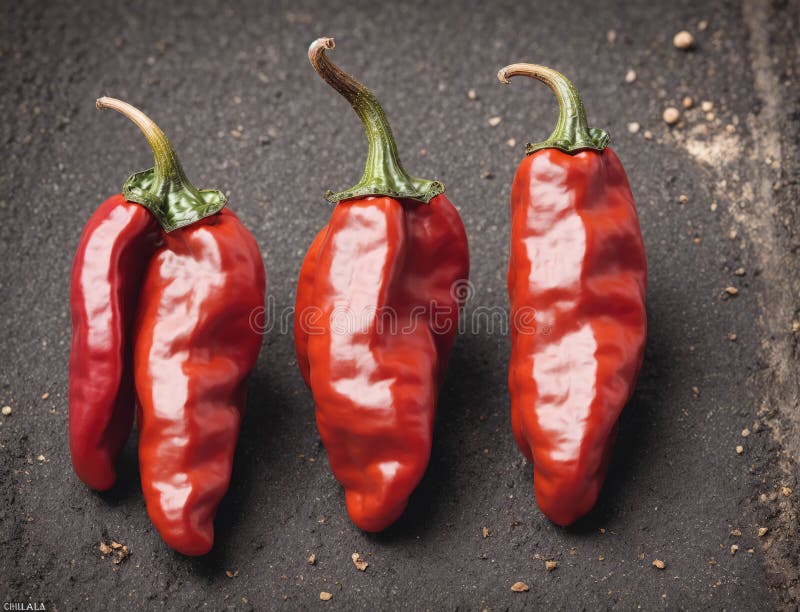 Three Red Peppers are Sitting on a Black Surface Stock Photo - Image of ...