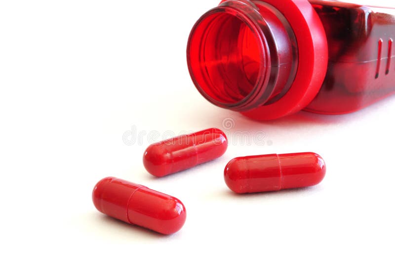 Three Red Pills (Capsules) & Prescription Bottle Stock Image - Image of ...