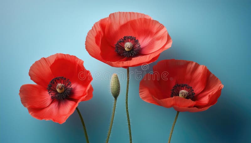 Three Red Poppies Against a Clean, Bright Blue Background. Stock Image ...