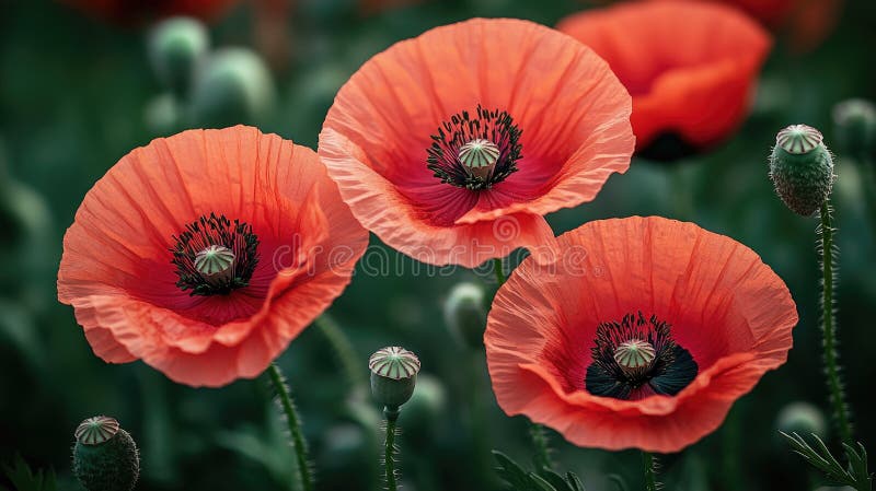 Three Red Poppies Blooming in the Field Stock Illustration ...