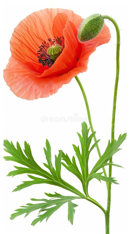 Three Red Poppies with Green Leaves and a Seed Pod are Displayed on a ...