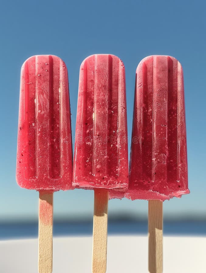 Three Red Popsicles on Sticks Against a Clear Blue Sky. Stock Photo ...