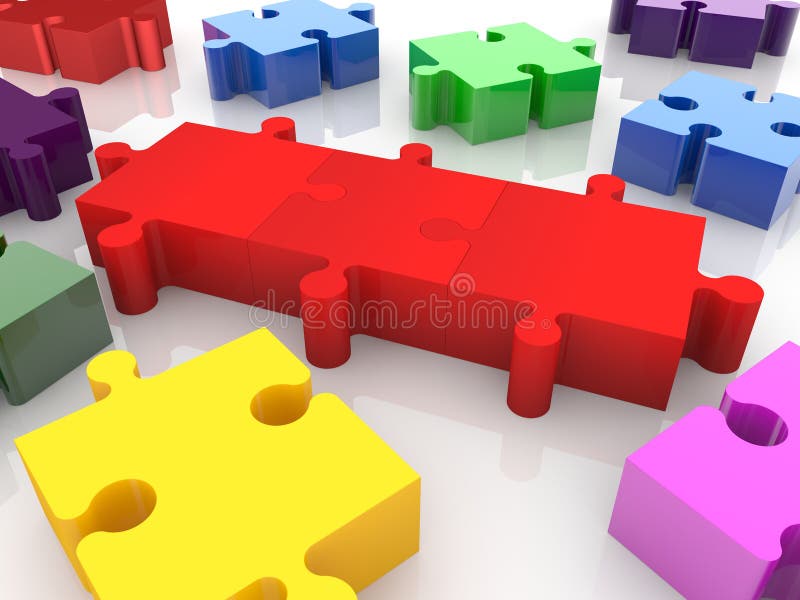 Three Red Puzzle Pieces in a Row between Different Colored Puzzle ...