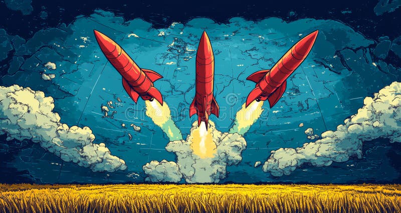 Three Red Rockets are Flying in the Sky, with One Rocket in the Middle ...