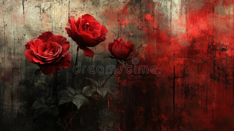 Three Red Roses Against a Grungy, Blood-Stained Background Stock ...