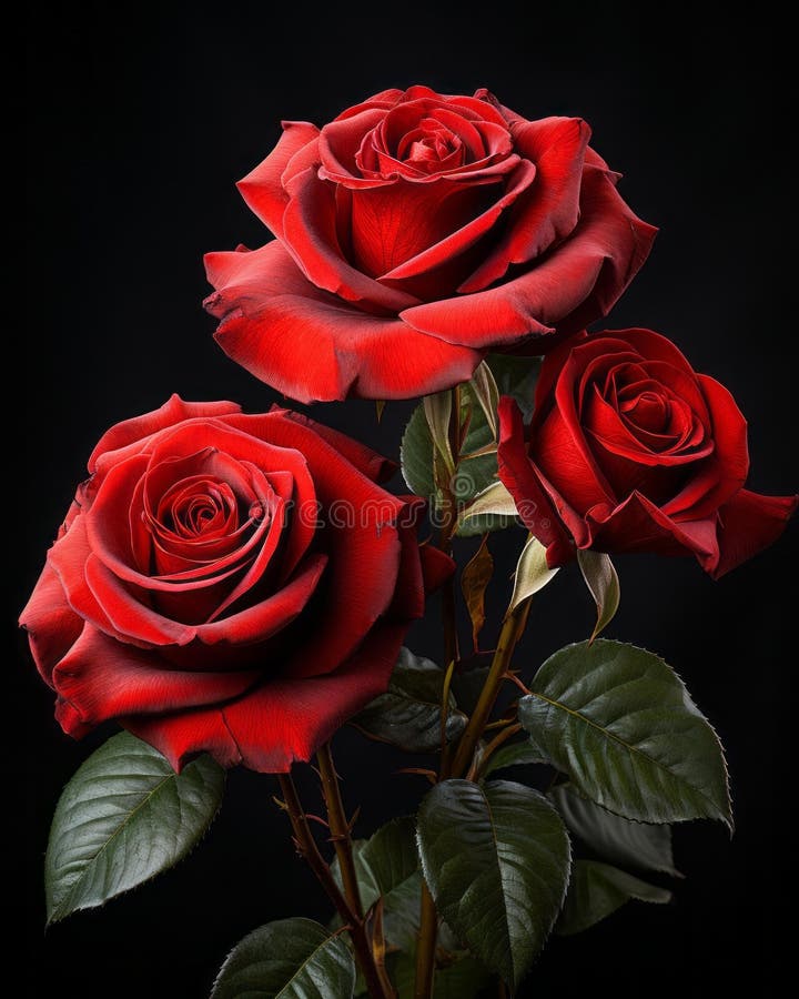 Three Red Roses on a Black Background Stock Illustration - Illustration ...