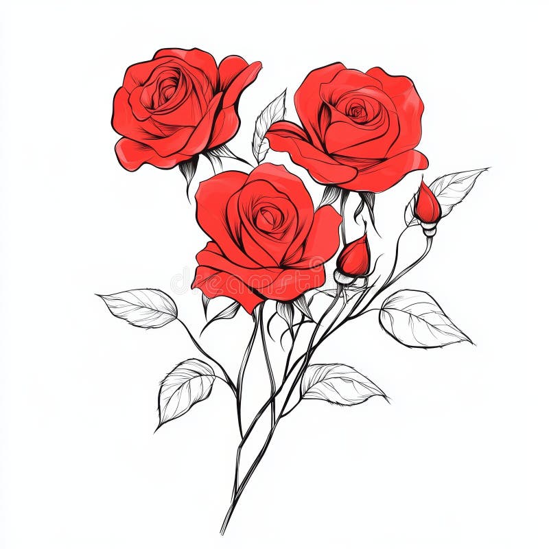 Three Red Roses are Drawn in a Bouquet Stock Illustration ...