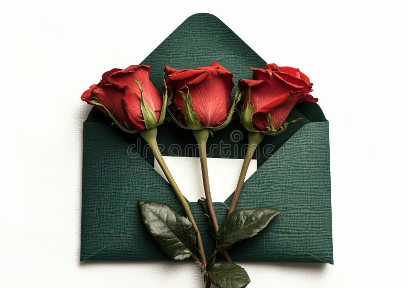 Three Red Roses in Green Envelope with Blank Card High Quality Image ...