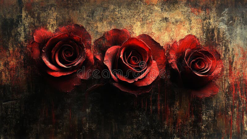 Three Red Roses on a Grungy Dark Background Stock Illustration ...