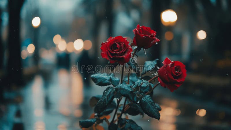 Three Red Roses in Rainy City Night Stock Illustration - Illustration ...