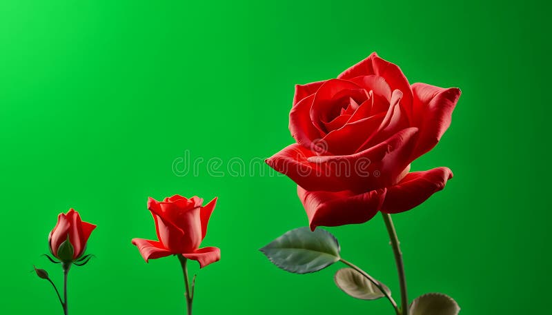 Three Red Roses Stages of Bloom Isolated on Green Screen Background for ...