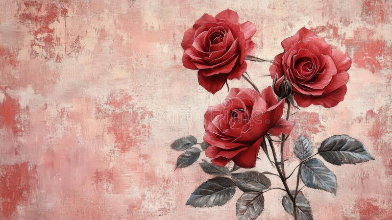 Three Red Roses on a Textured Pink Background Stock Illustration ...