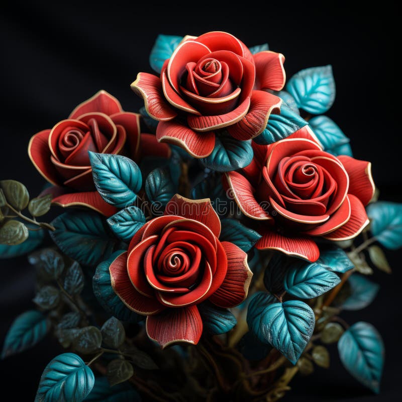 Three Red Roses in a Vase on a Black Background Stock Illustration ...