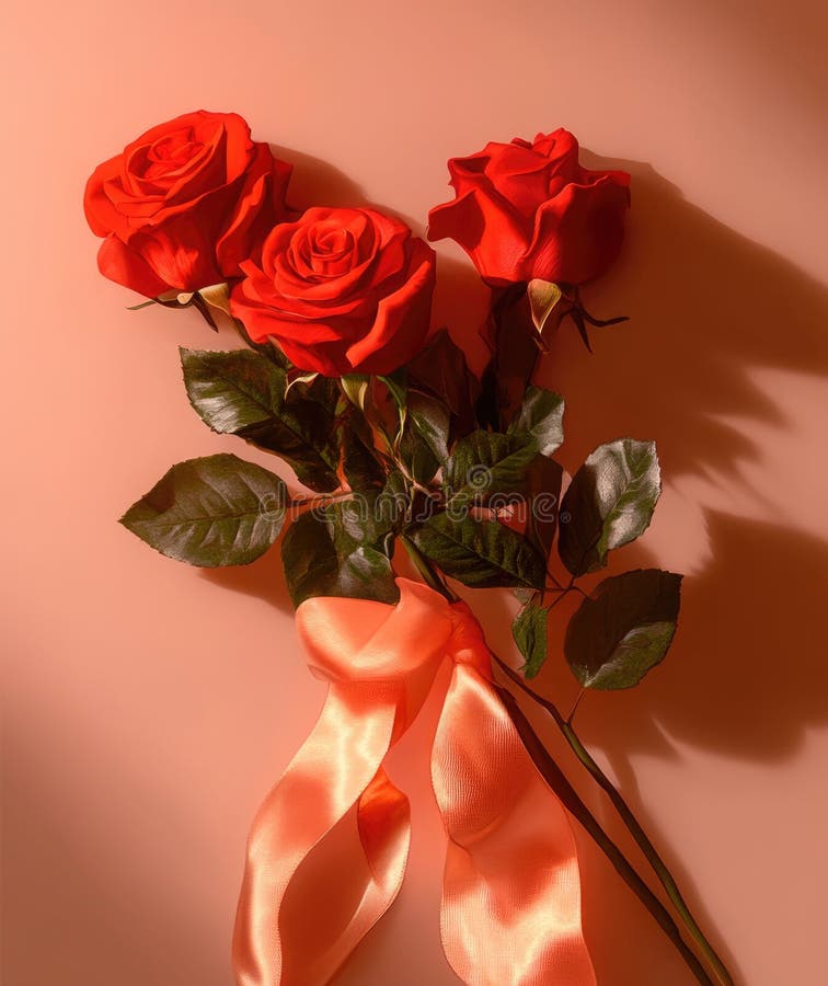 Three Red Roses are in a Vase with a Ribbon Stock Image - Image of card ...