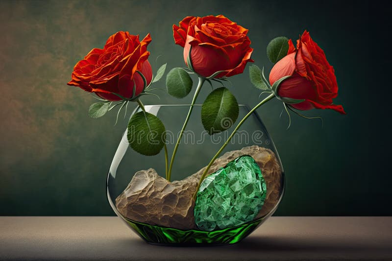 Three Red Roses in a Vase. Treatment Stones with Flower Petals Stock ...