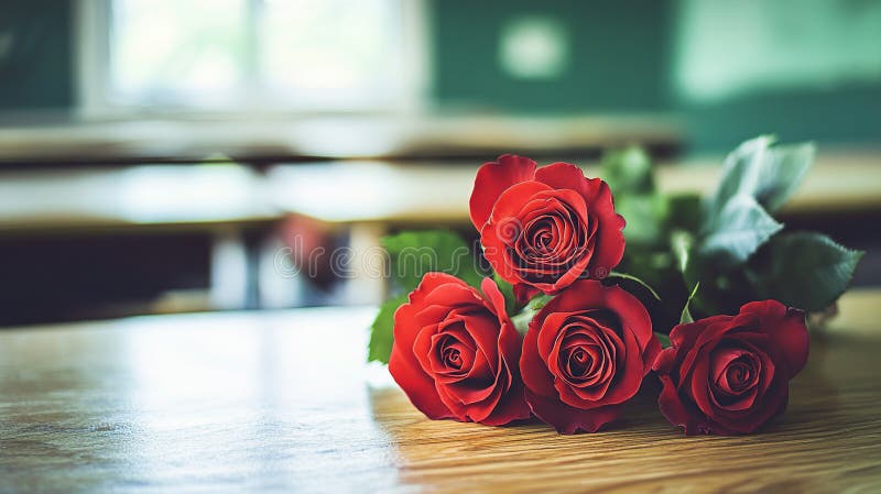 Three Red Roses on a Wooden Desk in a Classroom Stock Illustration ...