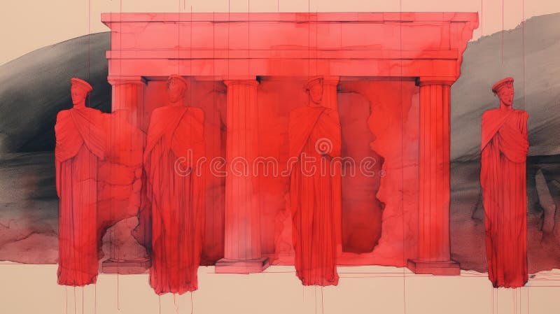 Minimalist Pen Drawings of Red Marble Statues and Ancient Walls Stock ...