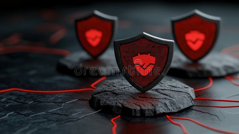 Three Red Shields on Rocky Base Themed Design Digital Concept Stock ...
