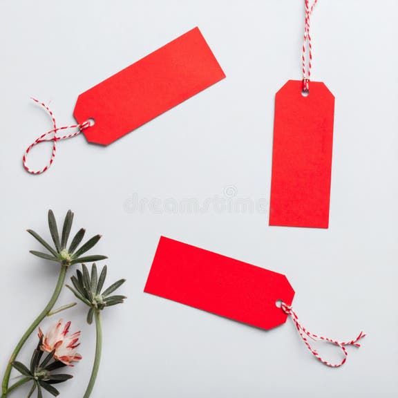 Three Red Tags with Red String and Green Floral Plant on White ...
