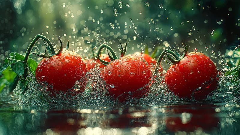 Three Red Tomatoes are Falling into a Puddle of Water Stock Photo ...