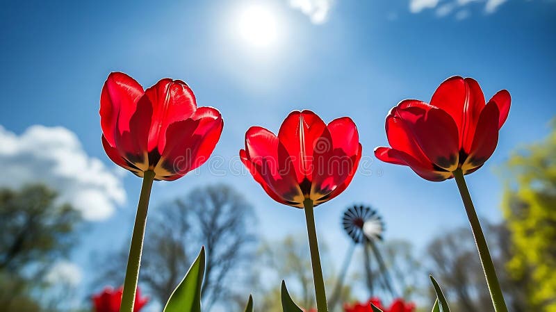 Three Red Tulips Viewed from Below Against a Bright Sunny Sky Stock ...