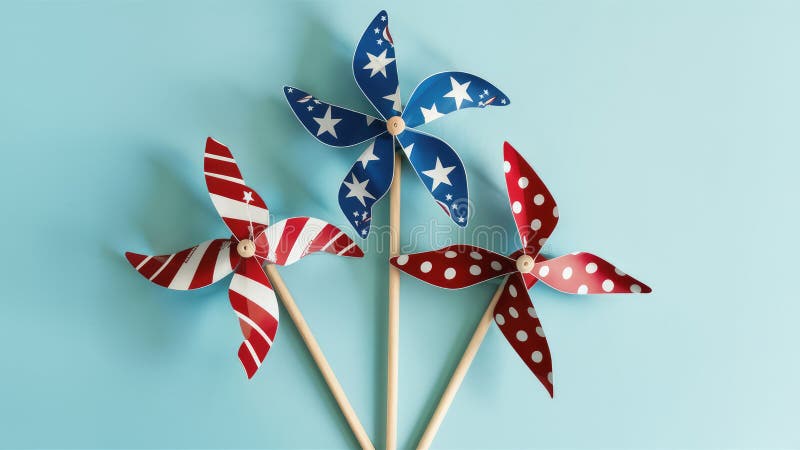 Three Red, White and Blue Pinwheels on a Blue Background, Copy-Space ...