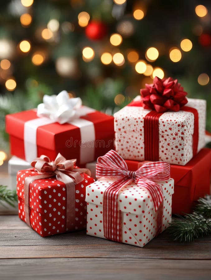 Three Red and White Gift Boxes with Ribbons Arranged on a Wooden Table ...