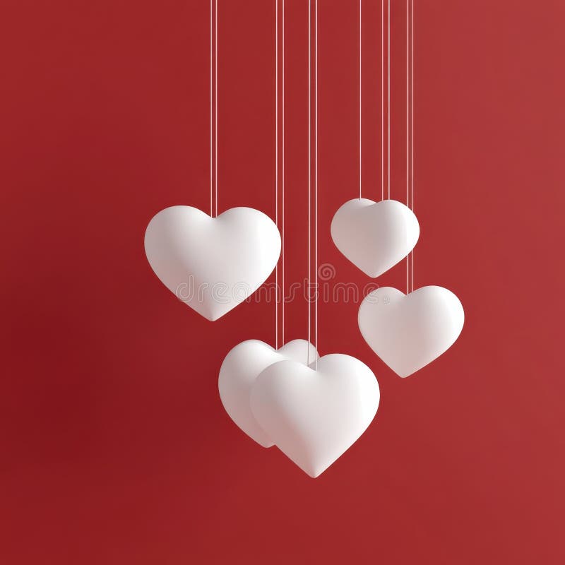 Three Red and Three White Hearts Hang from Strings on Red Stock Photo ...