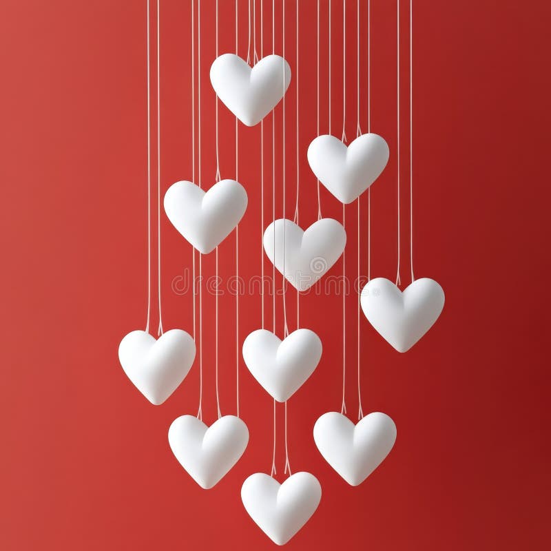 Three Red and Three White Hearts Hang from Strings on Red Stock Photo ...