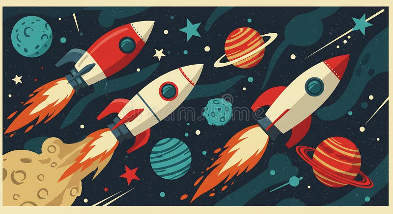 Three Red and White Rockets Soar through a Stylized Outer Space Scene ...
